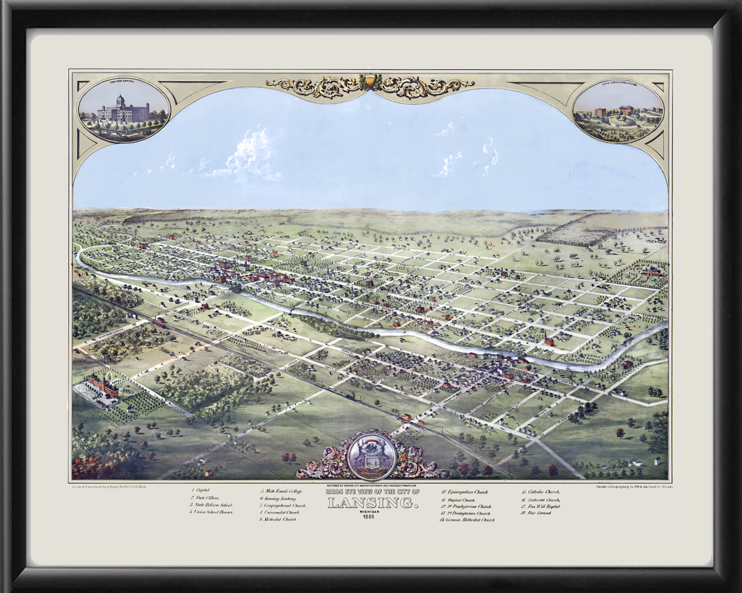 Vintage City Maps - Birdseye view map of Lansing, Michigan, 1866