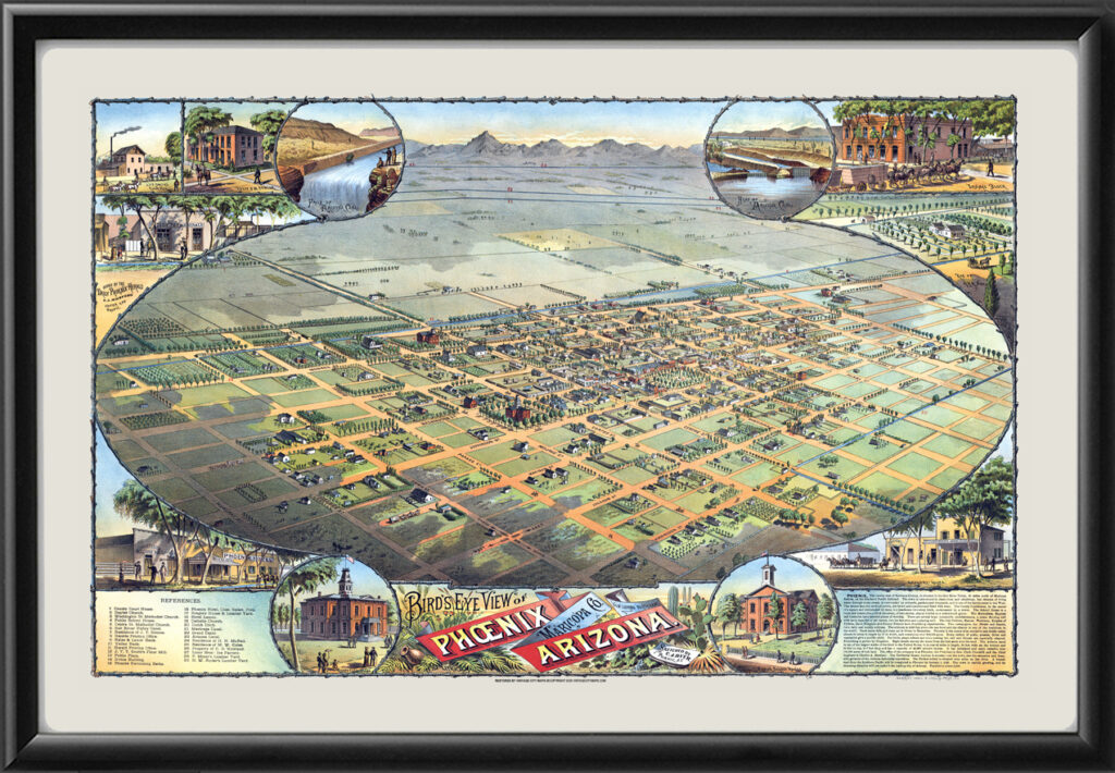 Phoenix AZ 1885 - Restored Bird's Eye View Map | Vintage City Maps