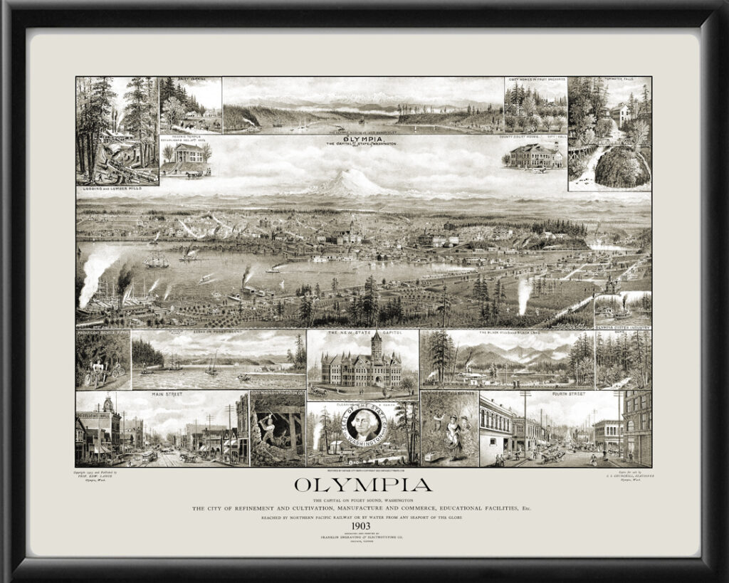 Vintage City Maps - Birdseye view map of Olympia, WA 1903