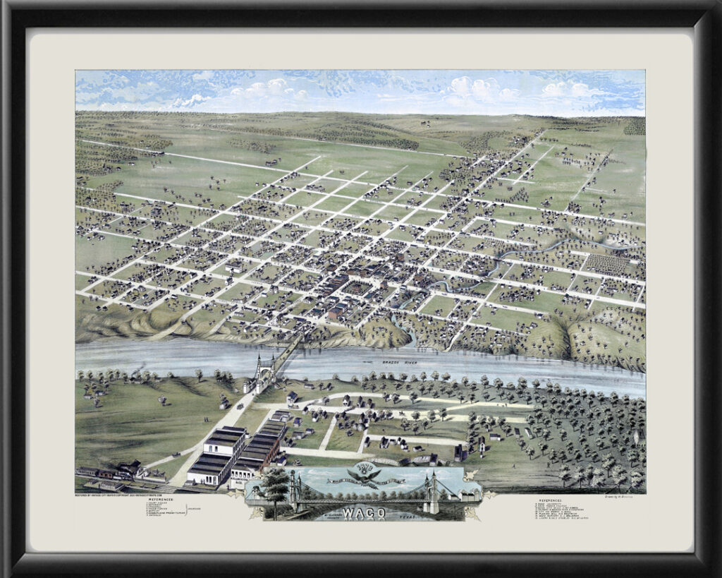 Waco TX 1873 - Restored Bird's Eye View Map | Vintage City Maps