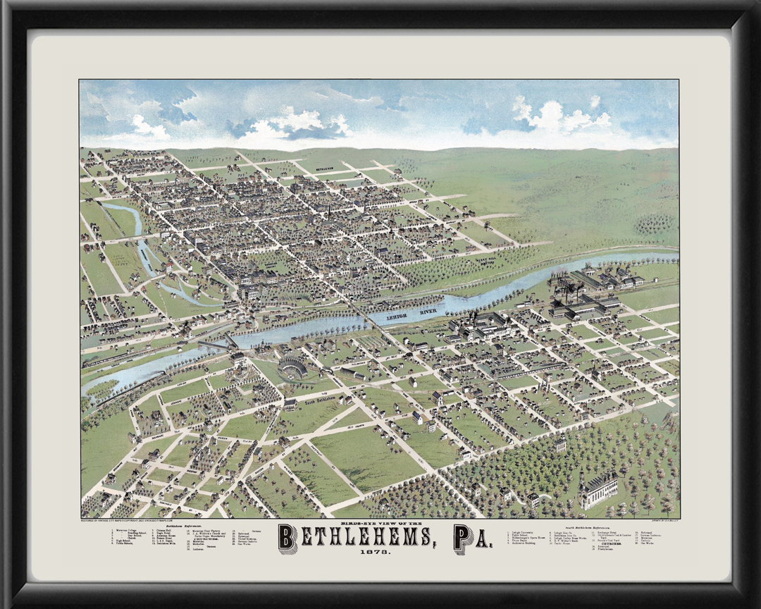 Bethlehem PA 1878 Restored Map | Vintage City Maps