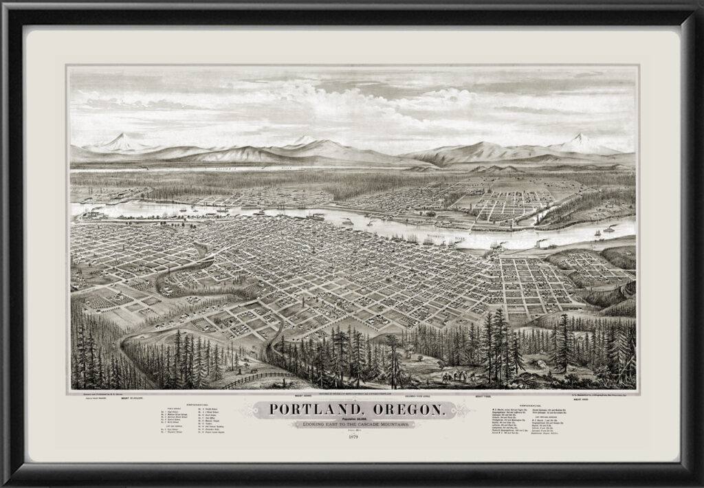Portland OR 1879 Restored Bird's Eye View Map | Vintage City Maps