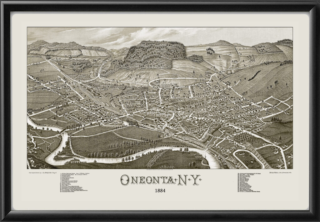 Oneonta NY 1884 - Restored Bird's Eye View Map | Vintage City Maps
