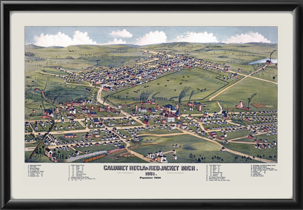 Calumet MI 1881 (Color) - Restored Bird's Eye View Map | Vintage City Maps