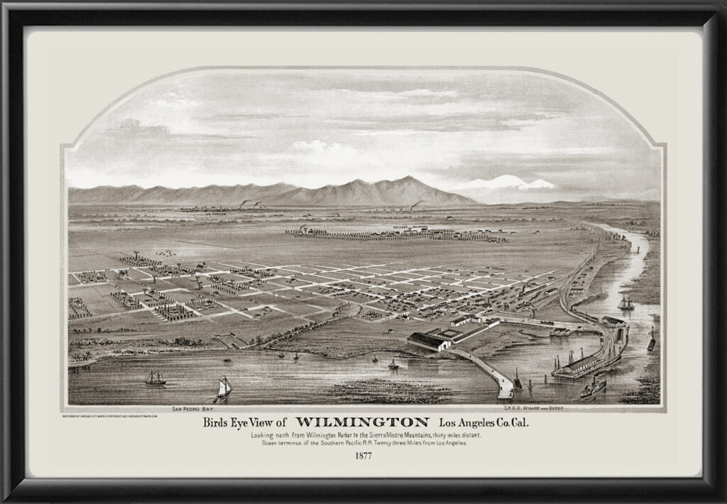 Wilmington CA 1877 - Restored Bird's Eye View Map