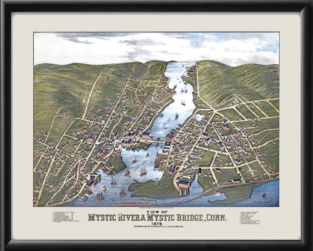 Mystic River CT 1879 | Vintage City Maps - Restored Bird's Eye Views