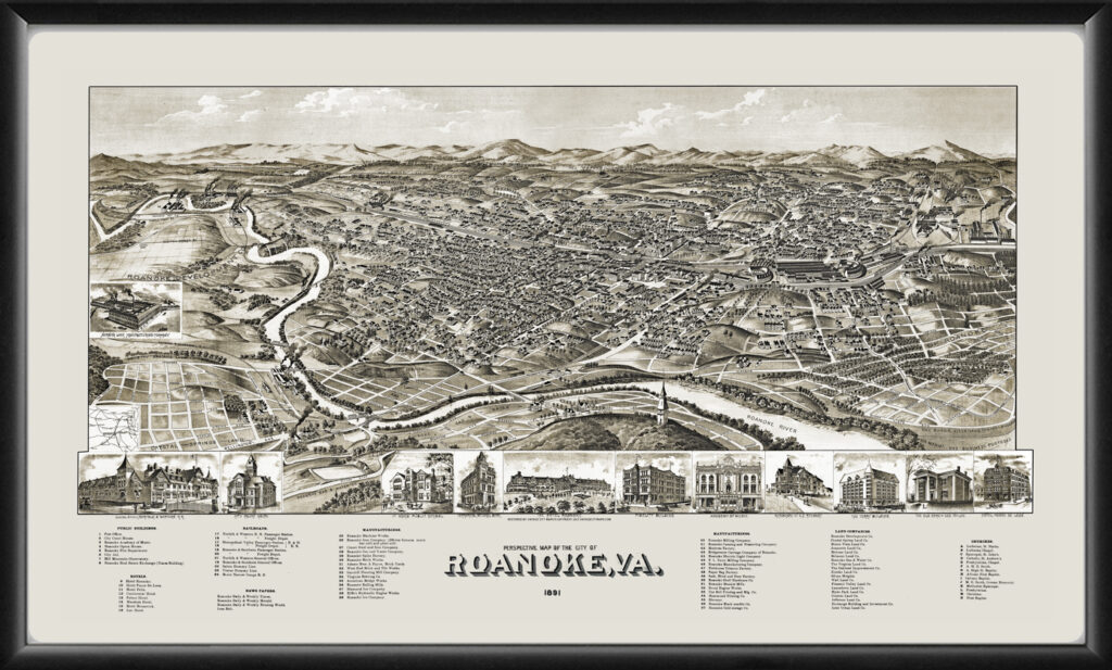 Roanoke VA 1891 Restored Map | Vintage City Maps