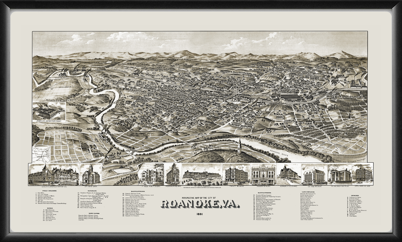 Roanoke VA 1891 Restored Map | Vintage City Maps