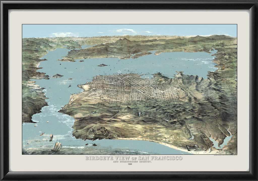 San Francisco CA 1868 - Restored Bird's Eye View Map | Vintage City Maps