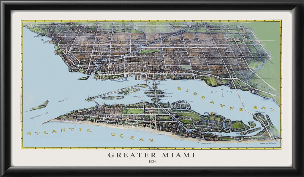 Miami FL 1934 Restored Bird's Eye View Map | Vintage City Maps