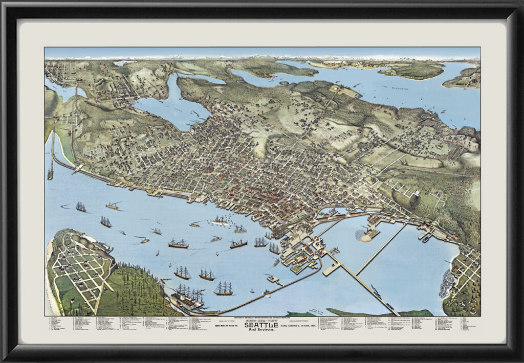 Seattle WA 1891 - Restored Bird's Eye View Map | Vintage City Maps