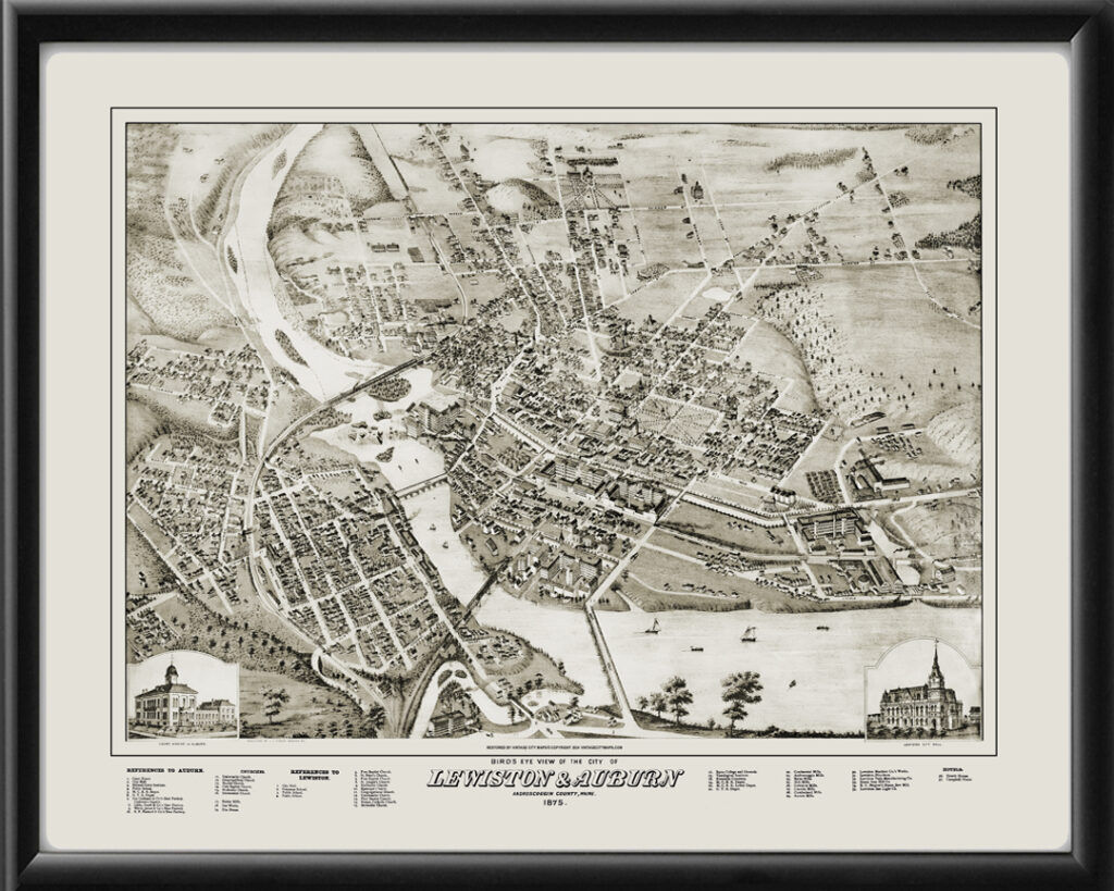 Lewiston & Auburn ME 1875 Restored Map | Vintage City Maps