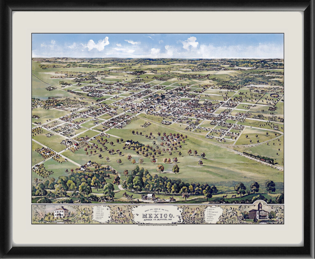 Vintage City Maps - Bird's eye view map of Mexico, Missouri, 1869