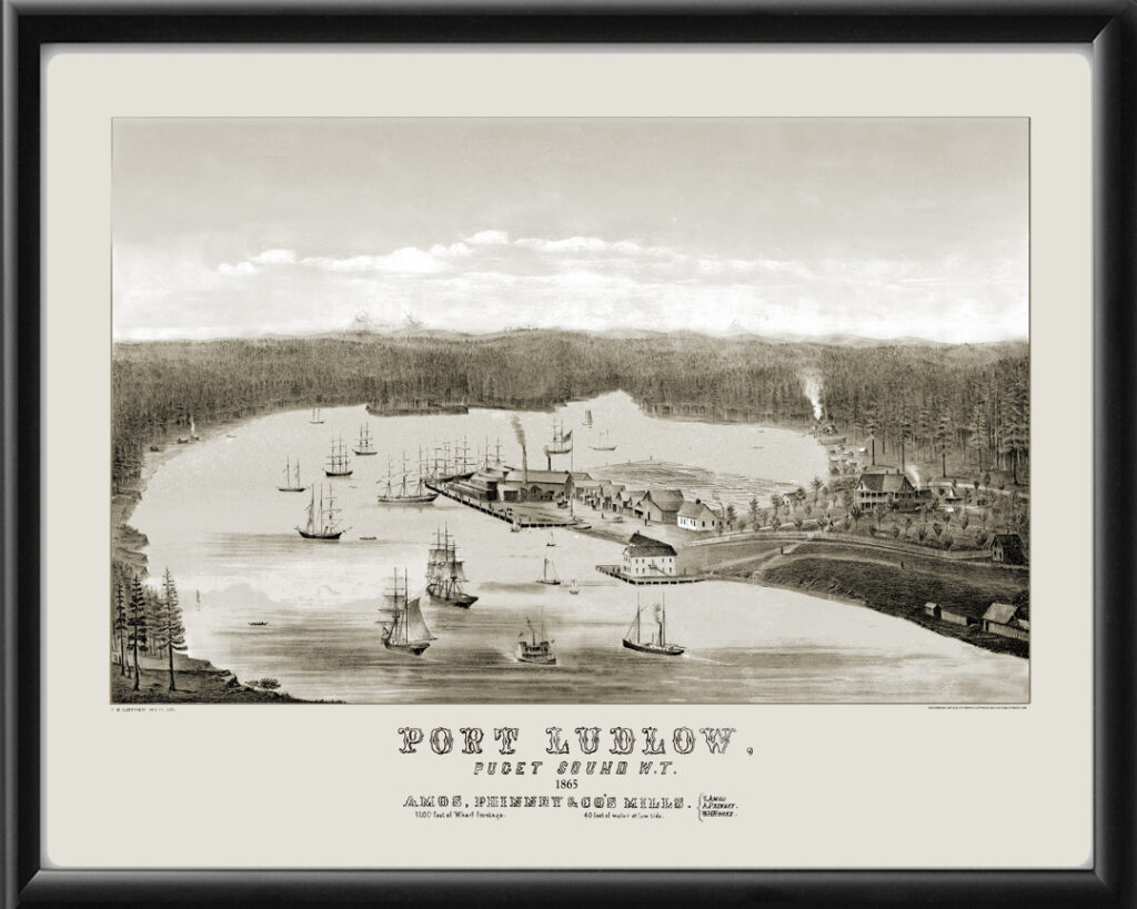 Port Ludlow, Washington 1865 bird's eye view - Vintage City Maps