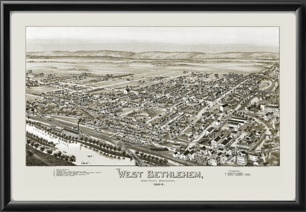 Restored Bird's Eye View Map of West Bethlehem, PA 1894