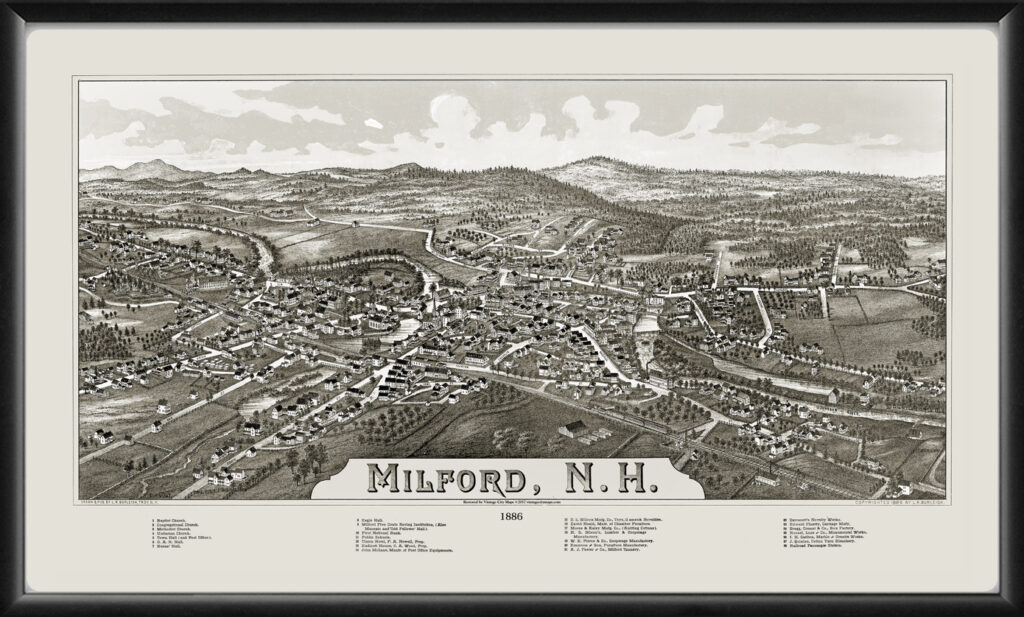 Milford NH 1886 - Restored Bird's Eye View Map