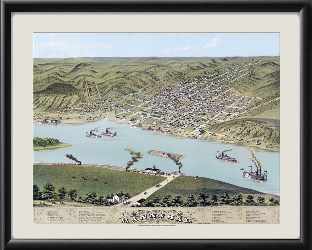 Vintage City Maps - Bird's eye view of Hannibal, Missouri, 1869