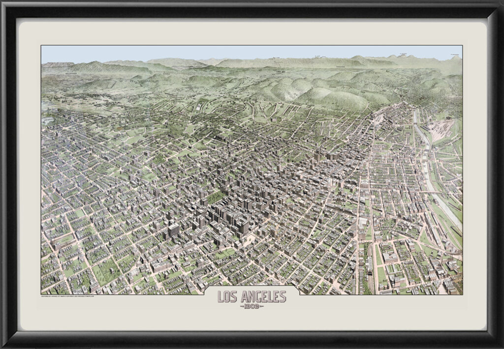 Vintage City Maps - Birdseye view map of Los Angeles, California, 1909