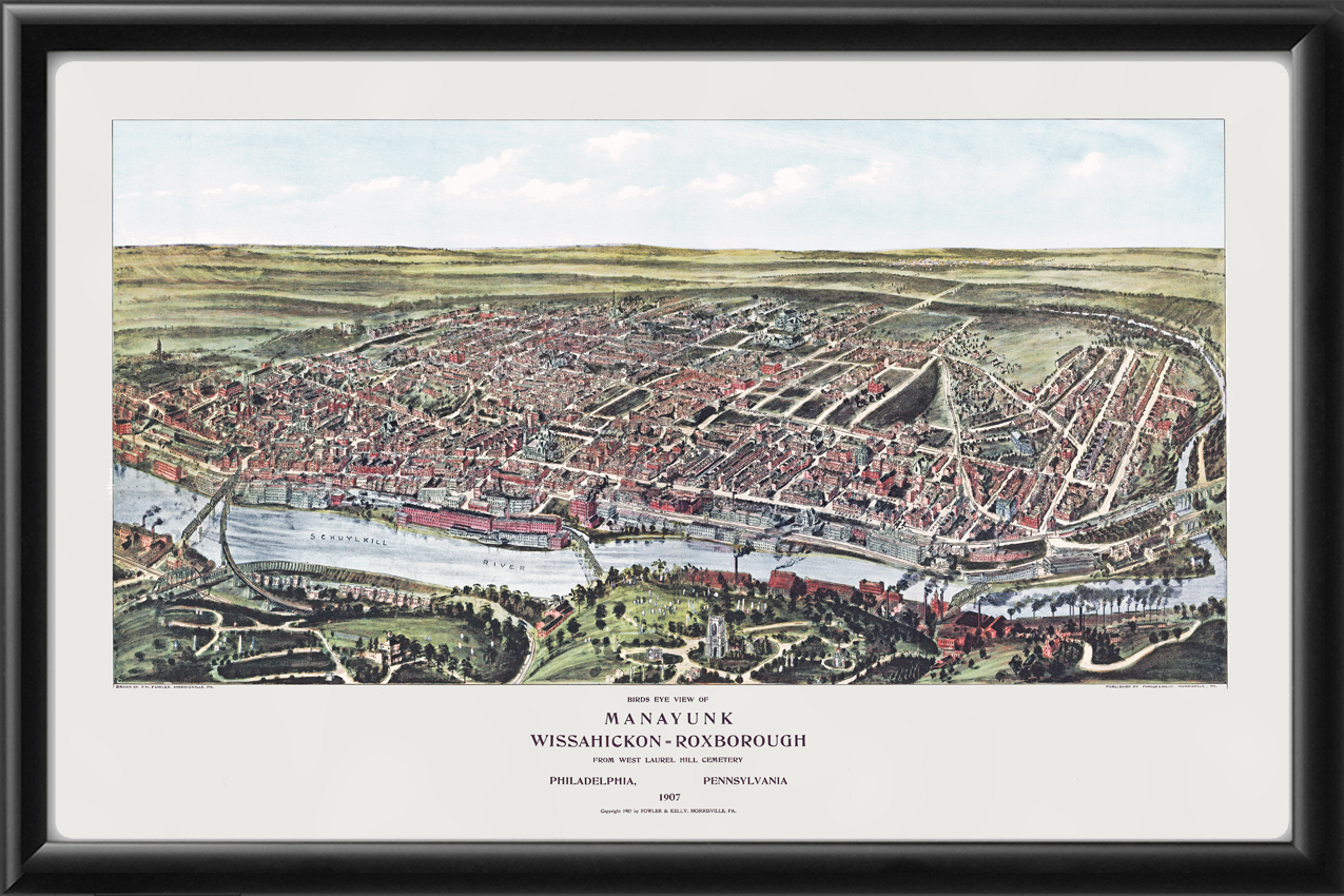 Restored bird's eye view map of Manayunk, Philadelphia, PA 1907