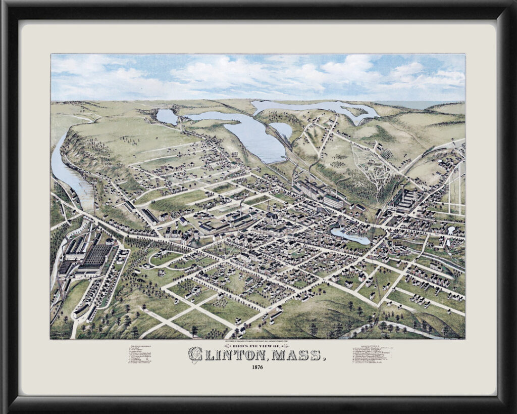 Restored bird's eye view of Clinton, MA, 1876 - Vintage City Maps