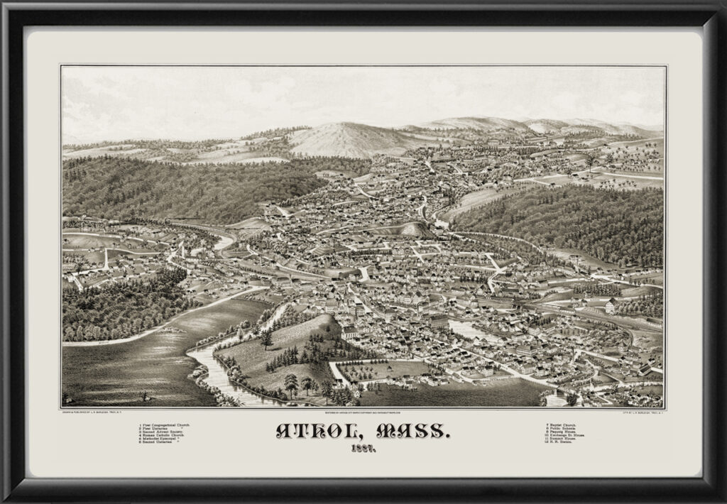 Restored bird's eye view of Athol, MA. 1887 - Vintage City Maps