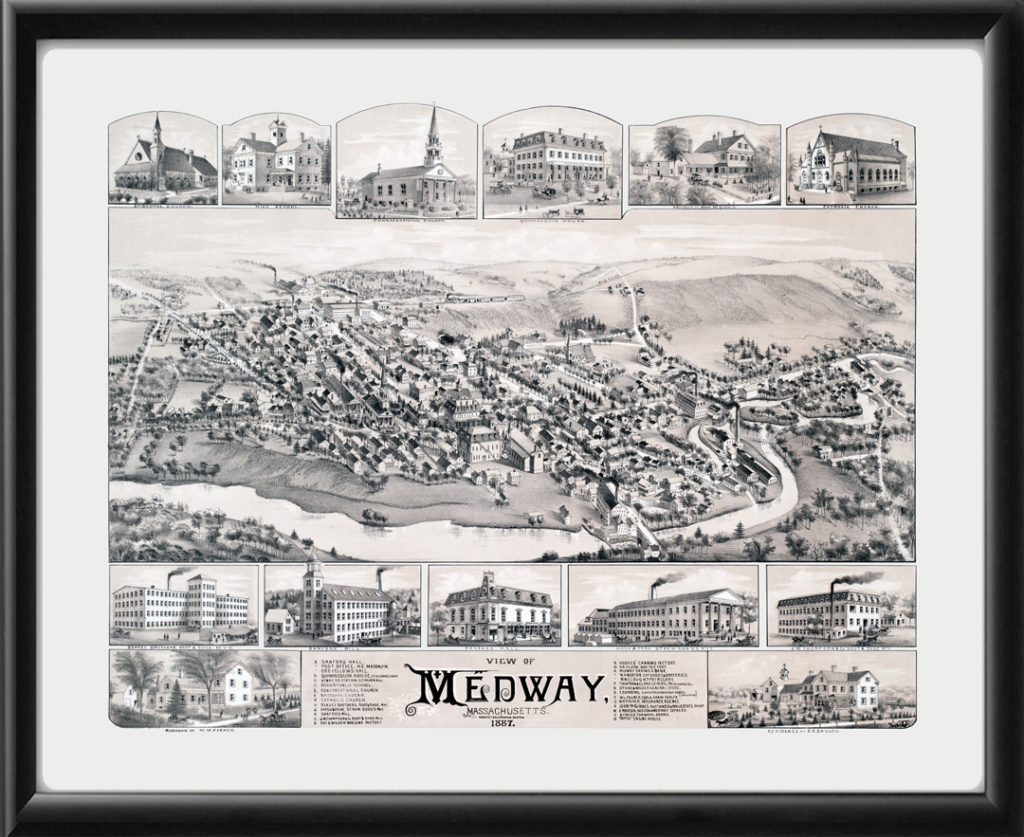 Restored bird's eye view of Medway, MA., 1887 - Vintage City Maps