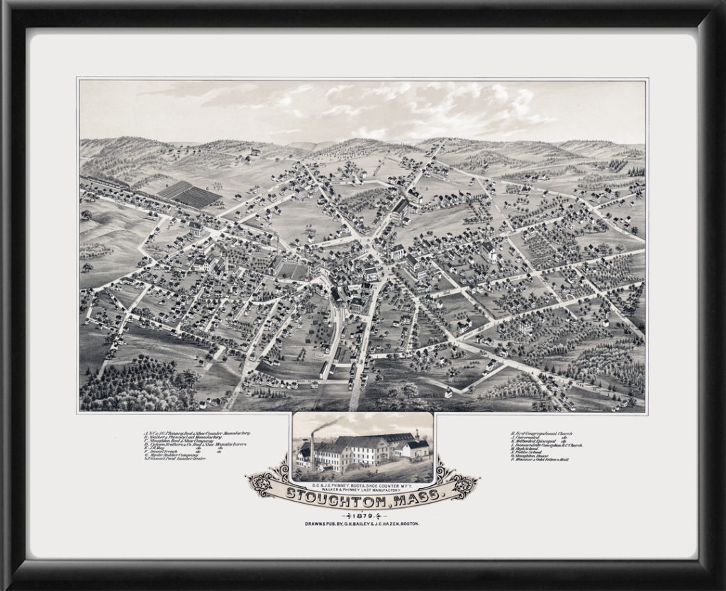 Vintage City Maps - Restored bird's eye view of Stoughton, MA 1879