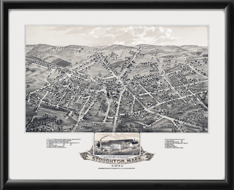 Vintage City Maps - Restored bird's eye view of Stoughton, MA 1879