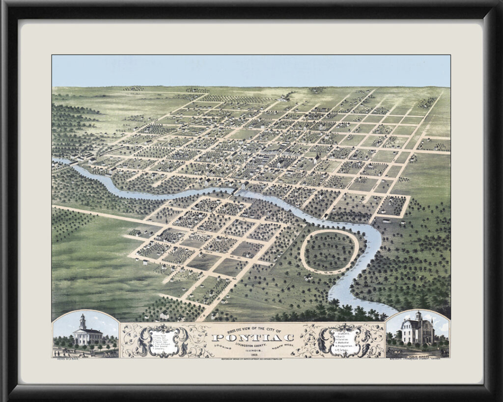 Bird's eye view map of Pontiac, IL 1869 - Albert Ruger - Vintage City Maps