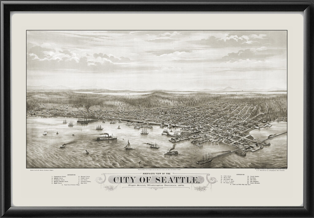 Bird's eye view of Seattle, WA, 1878 - Vintage City Maps