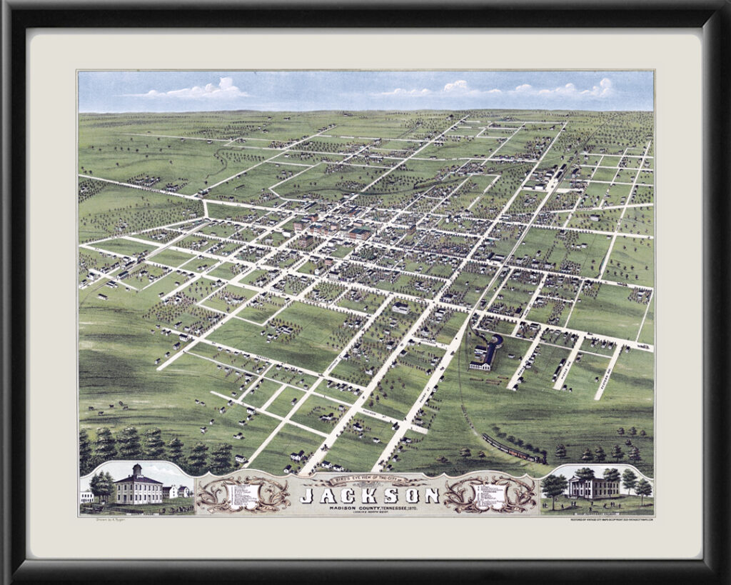Bird's eye view of Jackson, Tennessee, 1870 - Vintage City Maps