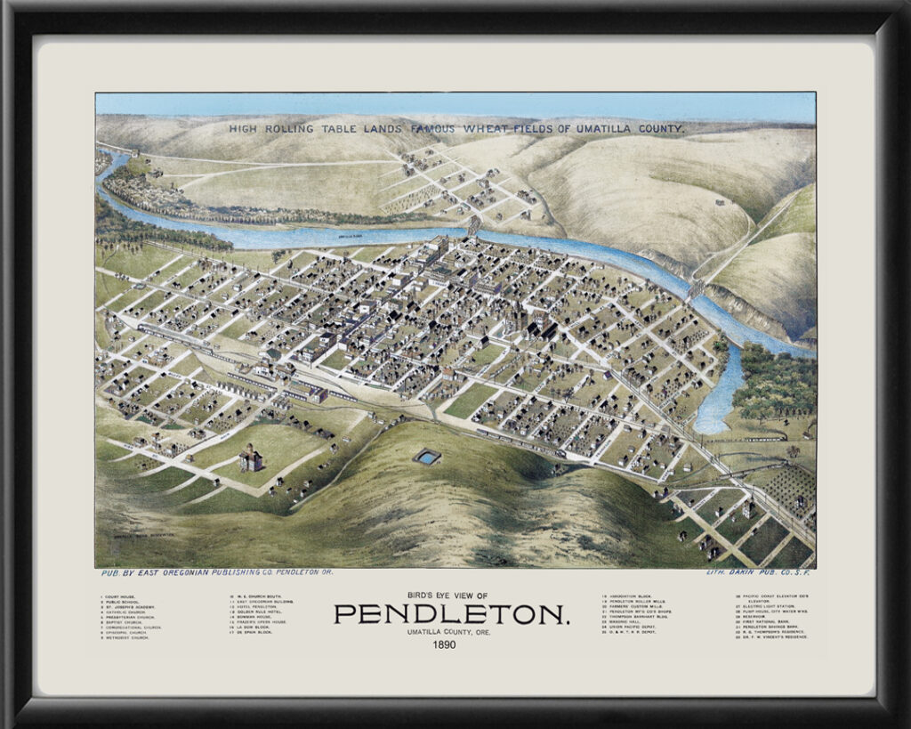 Bird's eye view map of Pendleton, Oregon, 1890 - Vintage City Maps
