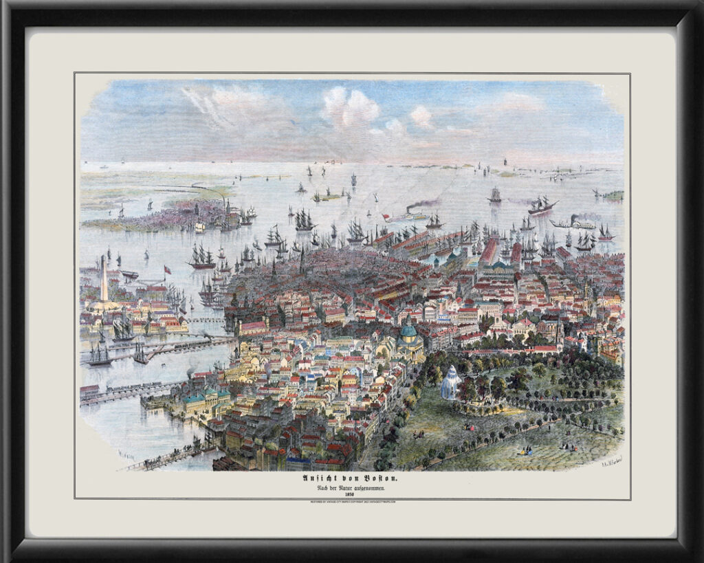 Boston MA 1850 Bird's Eye View - Vintage City Maps