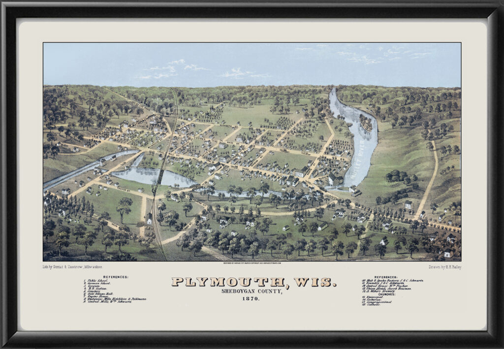 Bird's eye view map of Plymouth, Wisconsin, 1870 - Vintage City Maps