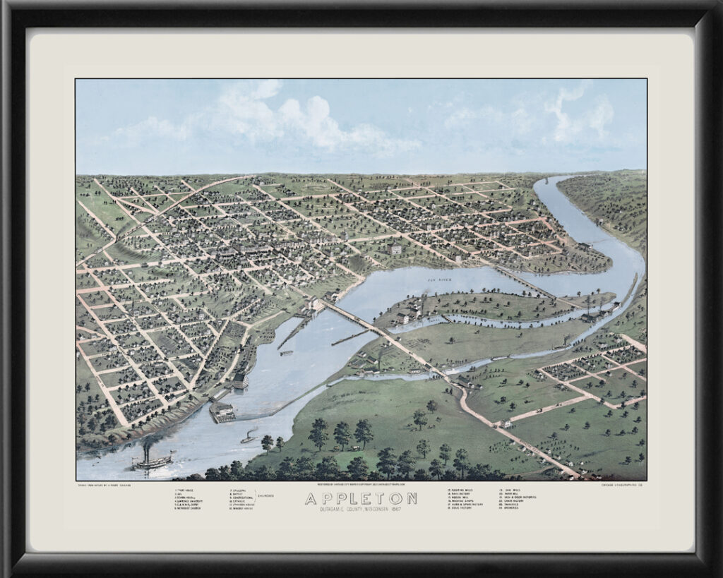 Appleton, Wisconsin, 1867 bird's eye view map - Vintage City Maps