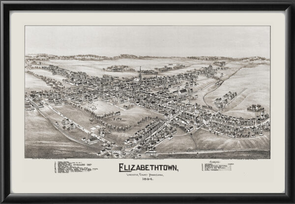 Bird's eye view map of Elizabethtown, PA 1894 - Vintage City Maps
