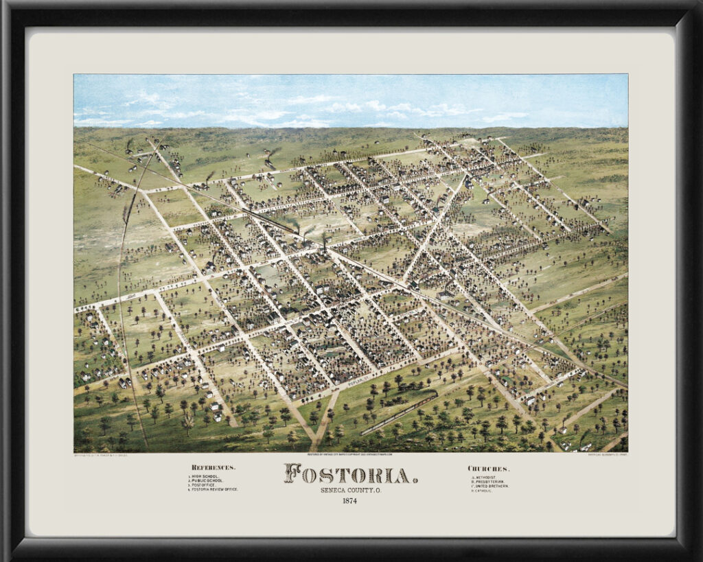Bird's eye view map of Fostoria, Ohio, 1874 - Vintage City Maps