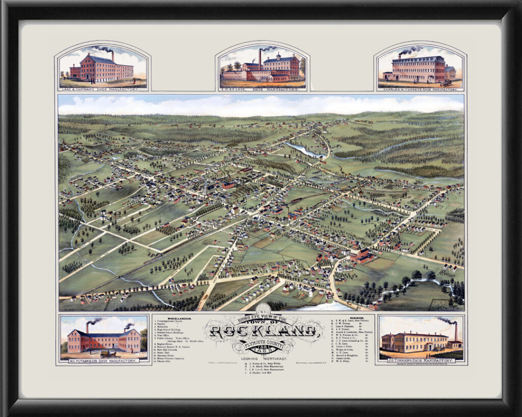 Bird's eye view of Rockland, MA 1881 - Vintage City Maps