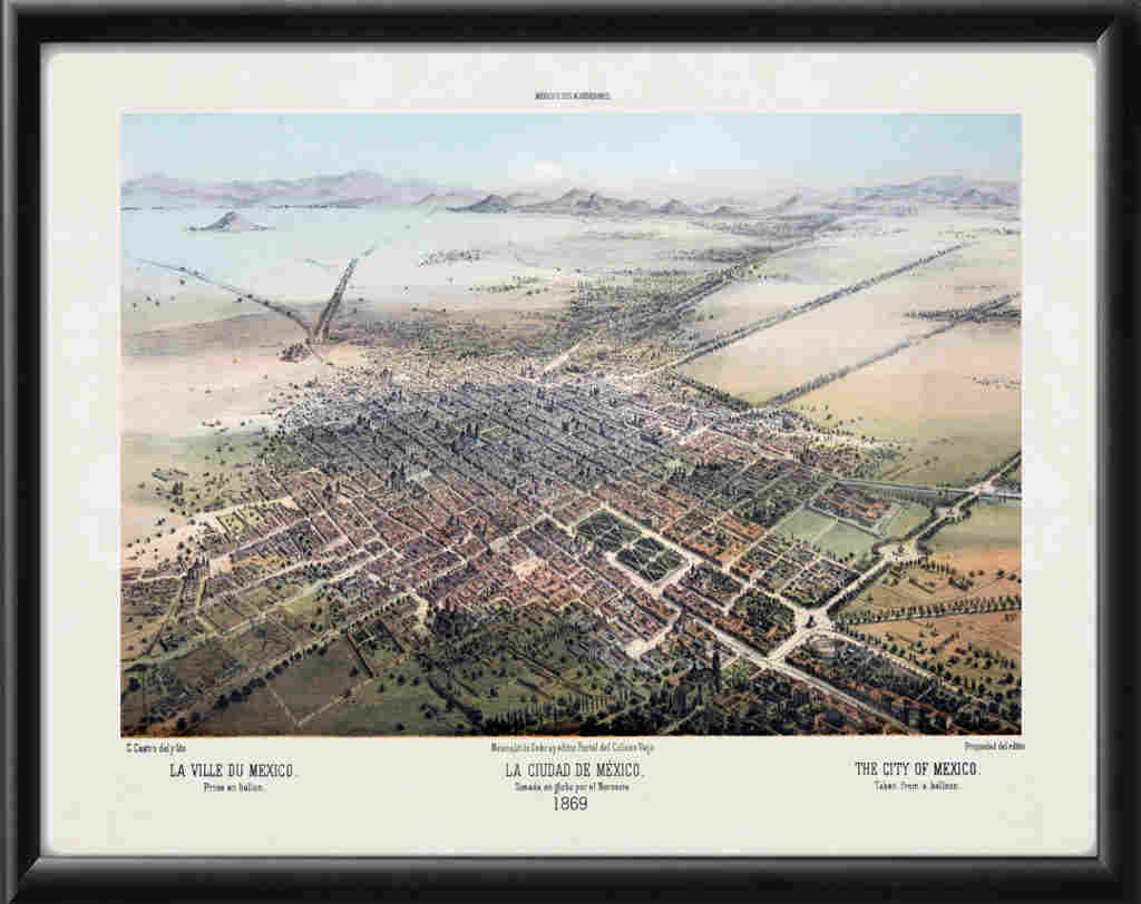 Bird's eye view of Mexico City, Mexico, 1869 - Vintage City Maps