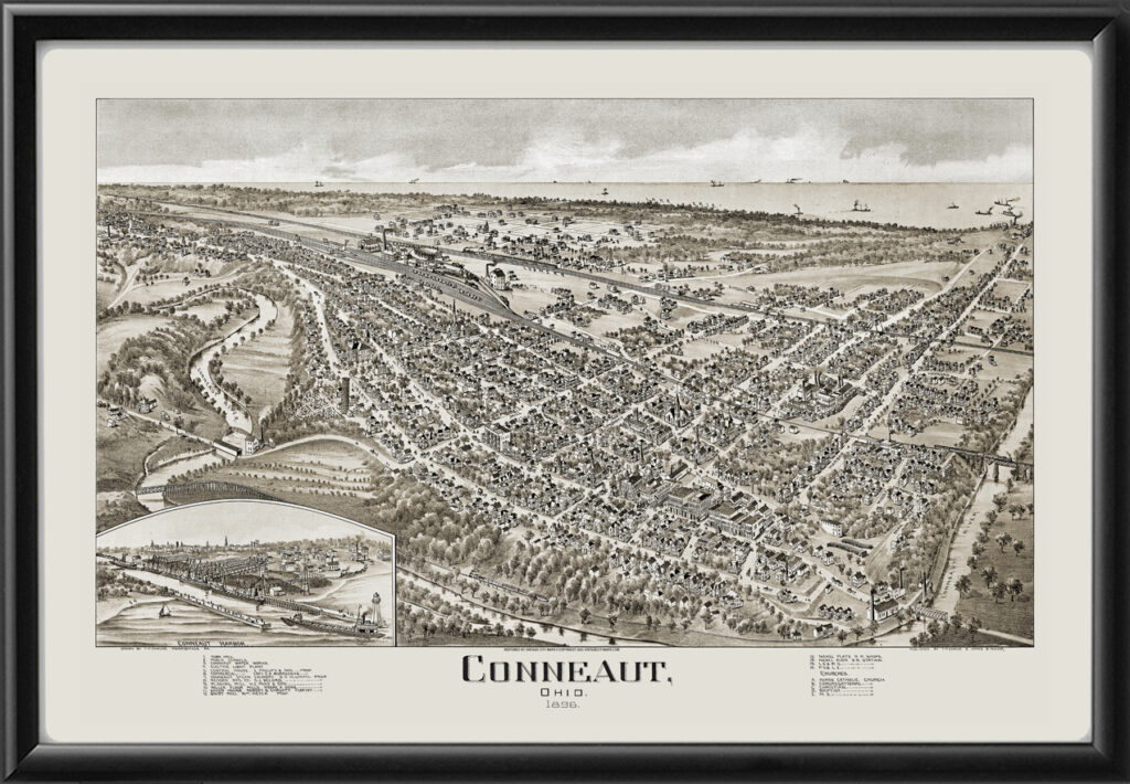 Conneaut, OH 1896 Bird's Eye View Map - Vintage City Maps