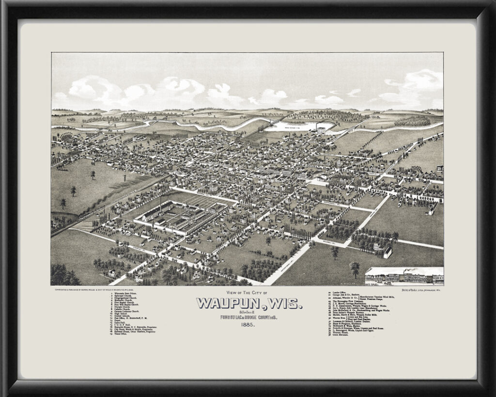 Waupun, Wisconsin 1885 Bird's Eye View - Vintage City Maps