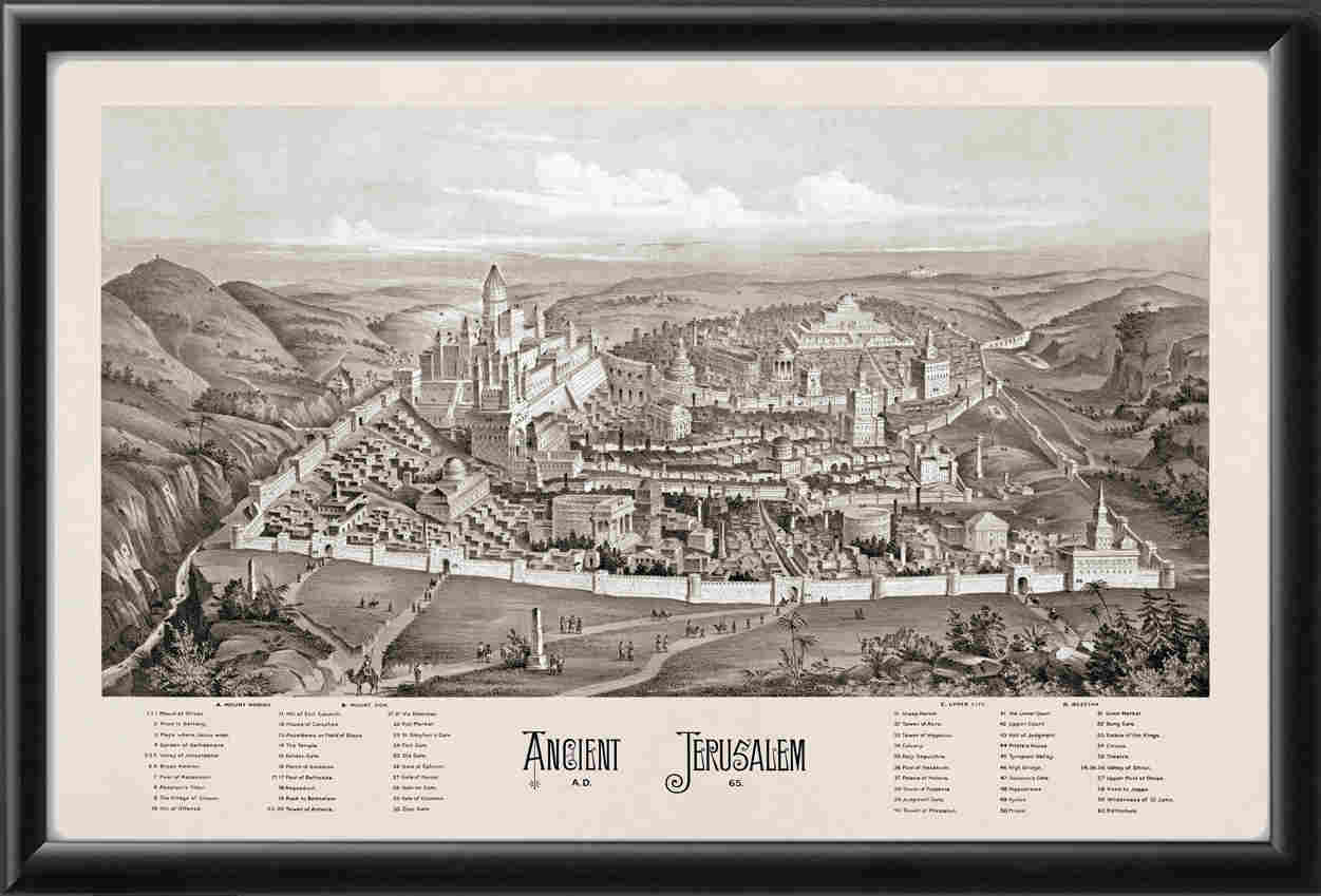 Bird's eye view of Ancient Jerusalem 65 AD - Vintage City Maps
