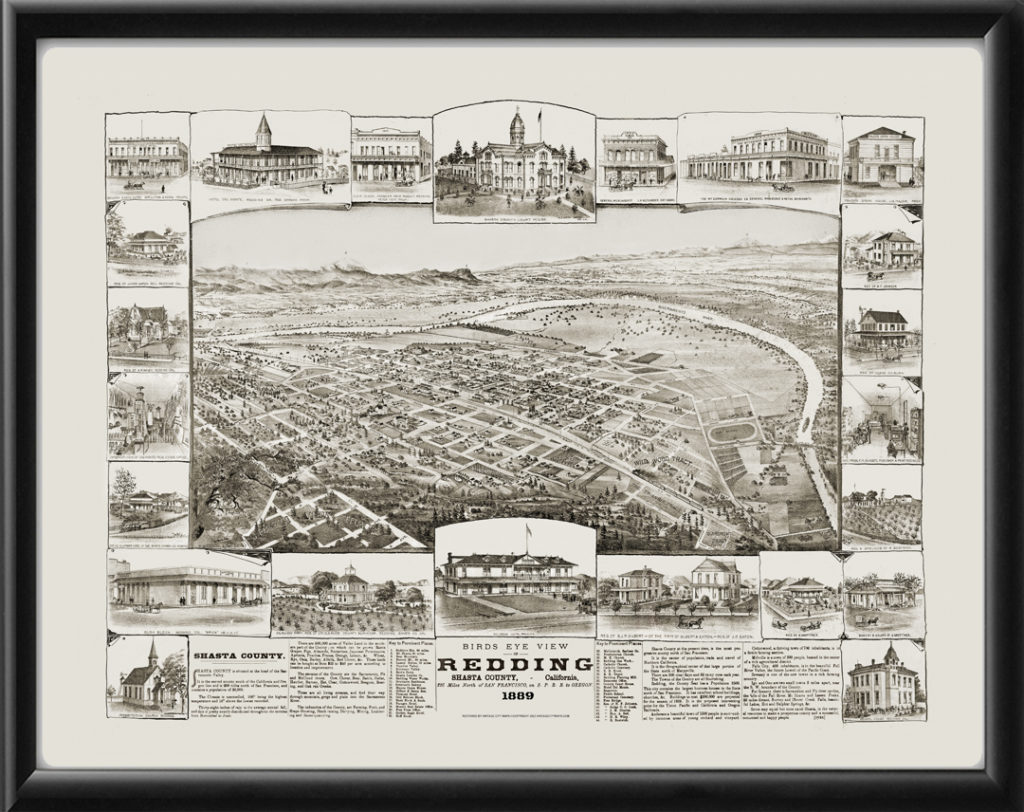 Redding, CA 1889 Bird's Eye View Map - Vintage City Maps