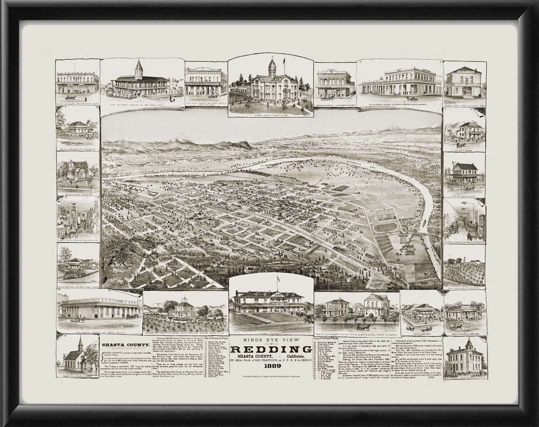 Redding, CA 1889 Bird's Eye View Map - Vintage City Maps