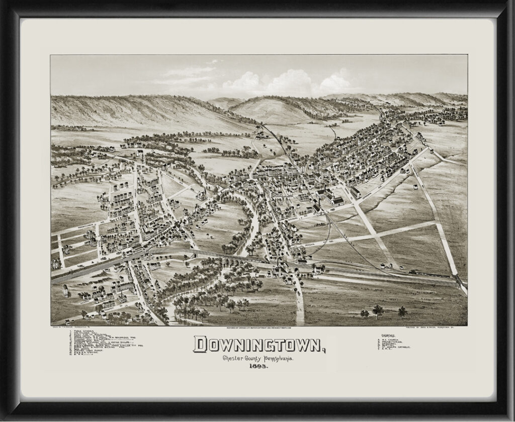 Vintage City Maps - Bird's Eye View Map of Downingtown, PA 1893