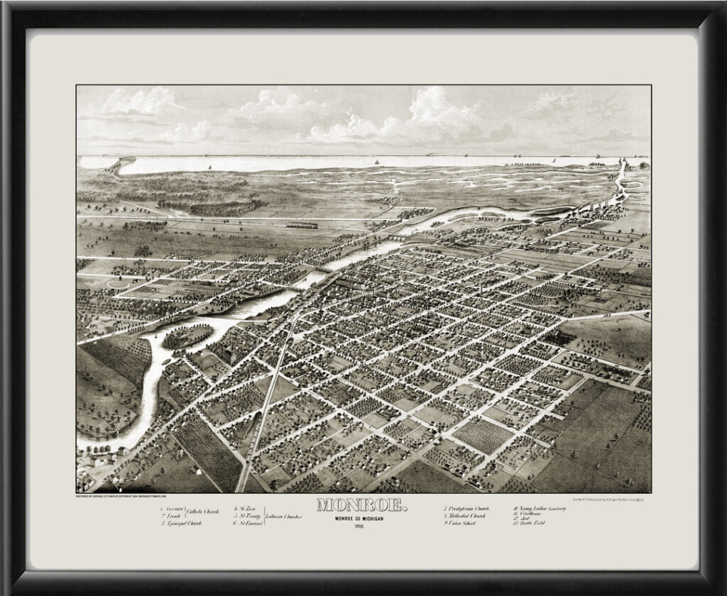Monroe MI 1866 - Vintage City Maps - Restored Bird's Eye View
