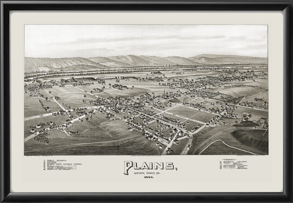 Vintage City Maps - Bird's Eye View of Plains, Pennsylvania, 1892