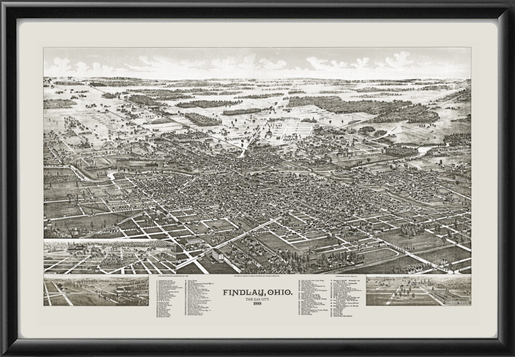Vintage City Maps - Bird's Eye View of Findlay, Ohio 1888