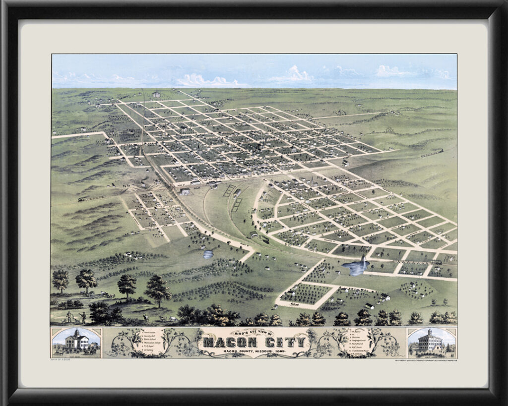 Vintage City Maps - Bird's eye view map of Macon, Missouri 1869