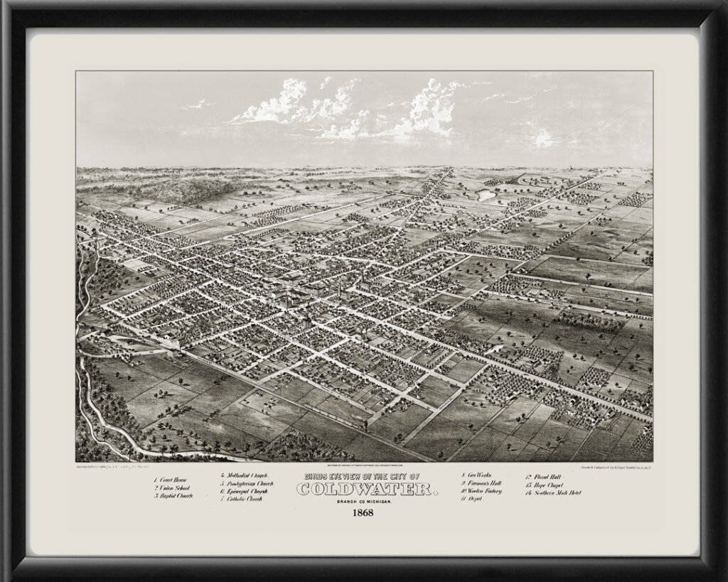 Vintage City Maps - Bird's Eye View of Coldwater, Michigan 1868
